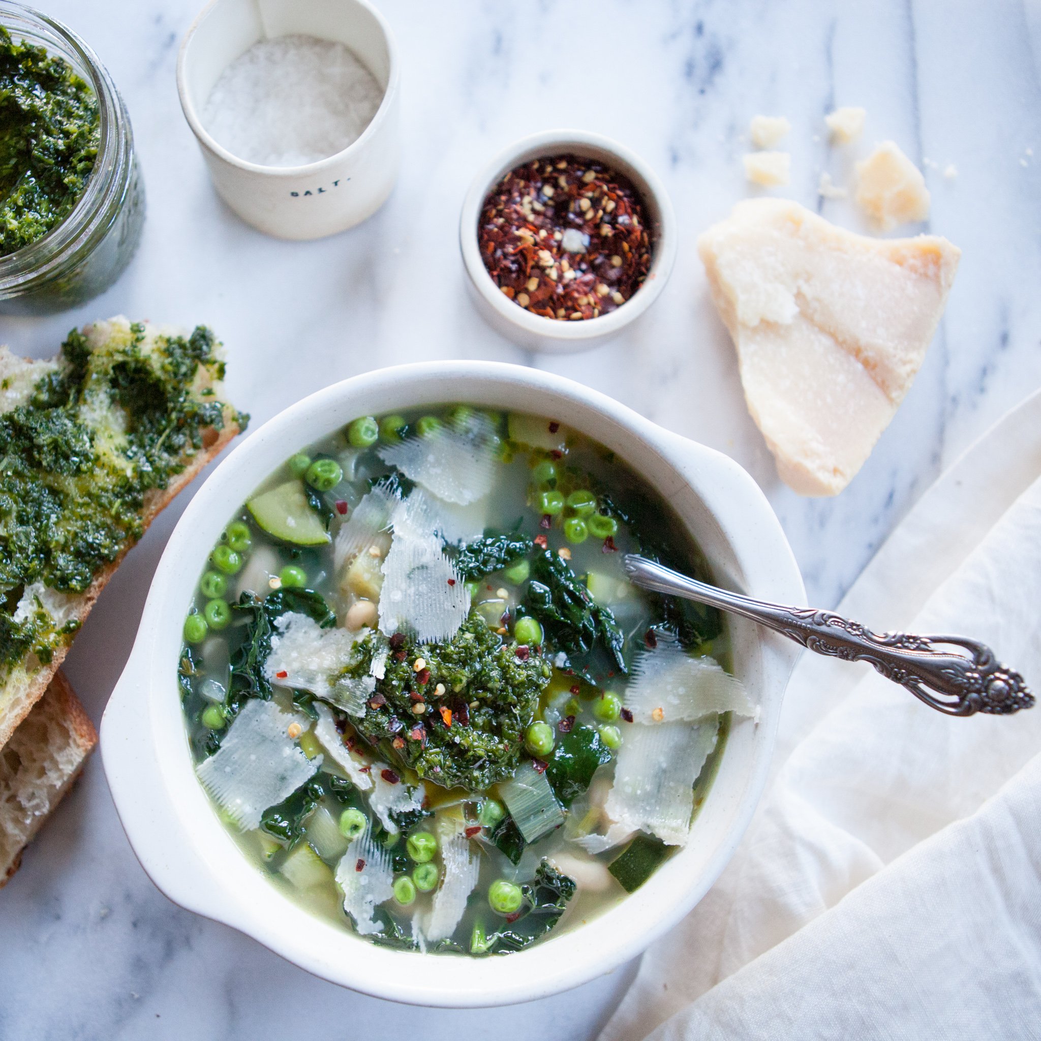 Minestrone Verde with White Beans and Pesto - A Sweet Spoonful